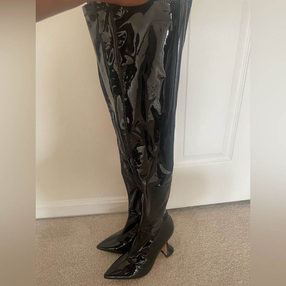 Black Patent Leather Thigh High Boots - Gem